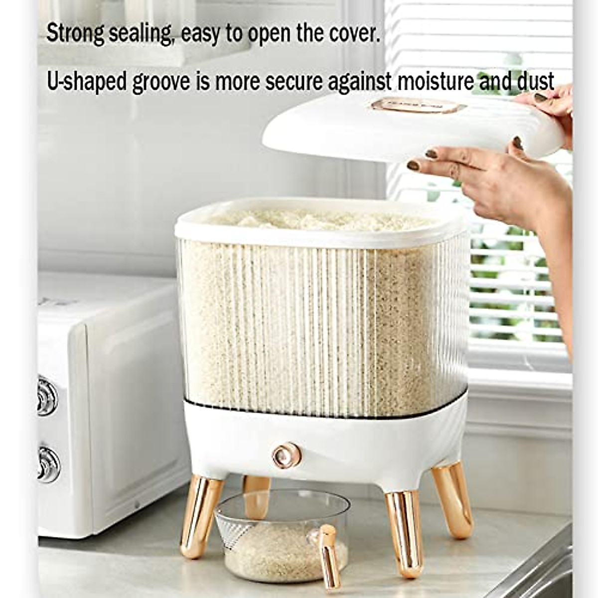 22 lbs (About 10kg) Rice, Dry Food, Flour, Grain Dispenser, Rice Container with lid and Measuring Cup, Fully airtight Dry Food Storage Container for Whole Wheat Rice Storage, Kitchen Storage