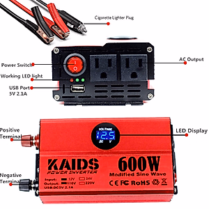KAIDS Power Inverter Full Power 600W Car Inverter Laptop Charger Peak 1200W DC 12V to 110V AC Car Inverter USB Ports Charger Adapter Car Plug Converter with Switch and Current LED Screen (600w)