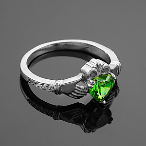 14k White Gold Emerald Green Heart CZ May Birthstone Claddagh Ring with Natural Diamonds (Size 6)