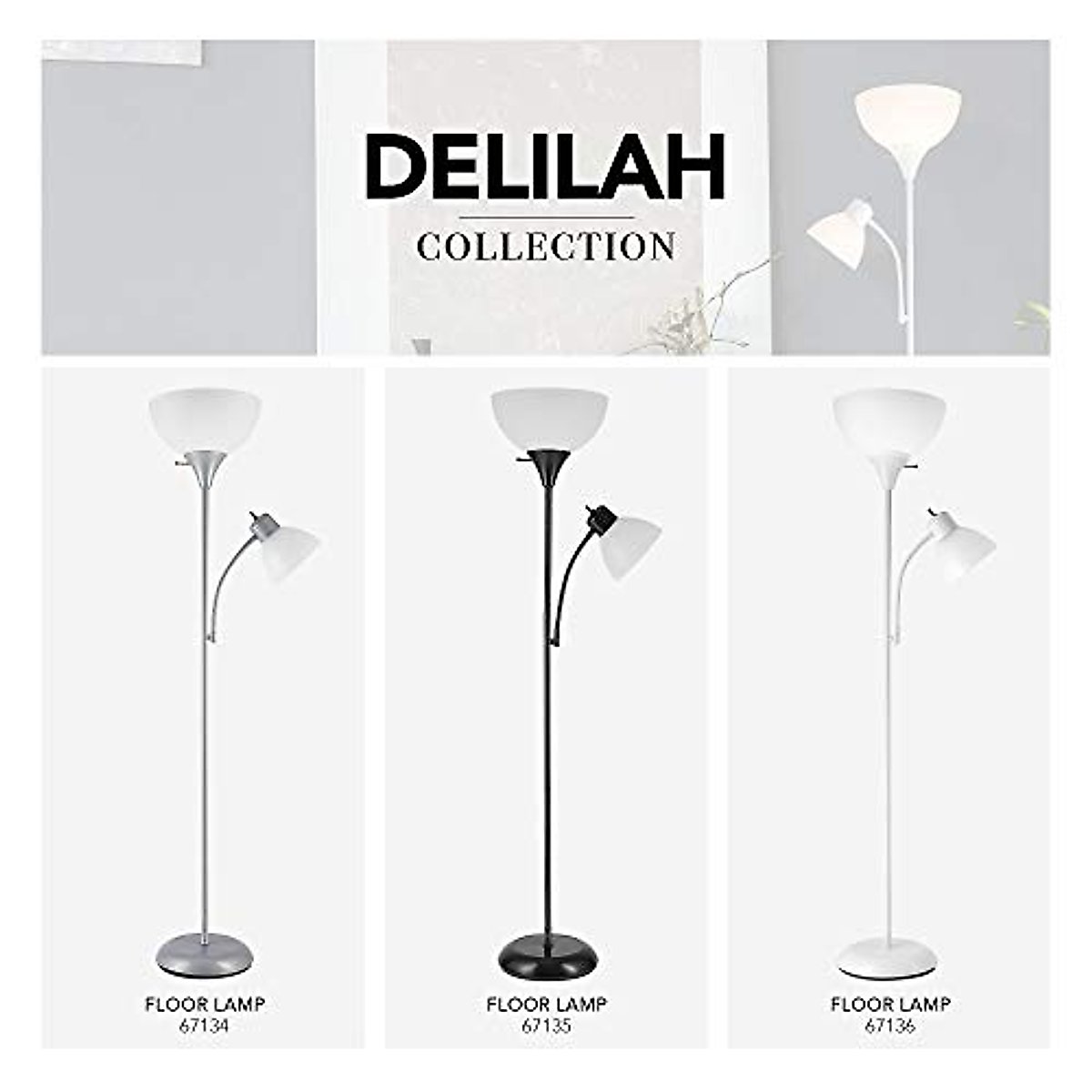 Globe Electric 67136 72" Torchiere Floor Lamp + Adjustable Reading Light, Matte White, Frosted Plastic Shade, 3-Step Rotary Switch on Floor Lamp Socket, Home Improvement, Home Office Accessories