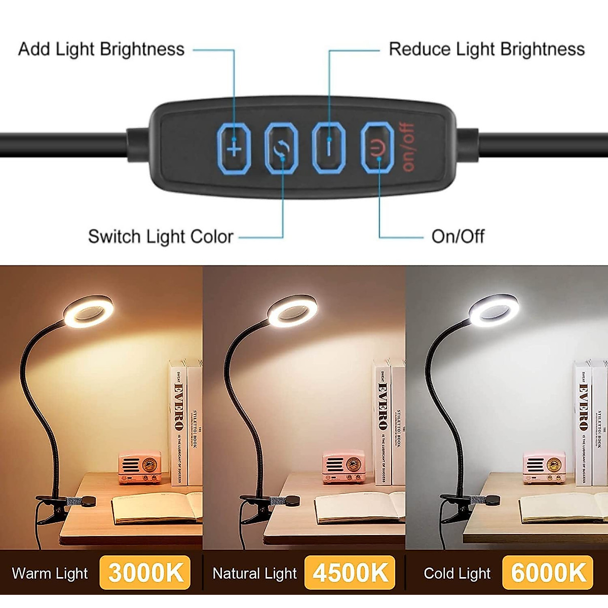 lishumei LED USB 5X Magnifying Desk Lamp with Clamp, 48 LED Desk Lamp with 3 Color Modes 10 Brightness, 360 ° Flexible Gooseneck Clamp Lamp for Bed Headboard Reading Makeup Eyebrow