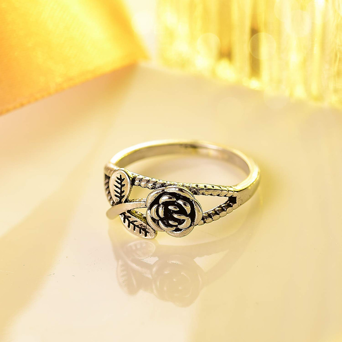 MADEONE ✦Mothers Day Gifts 3D Rose Flower Ring Vintage Hollow Out Rings 18K White Gold Plating Ring Christmas Jewelry Gifts For Women With Box Packing