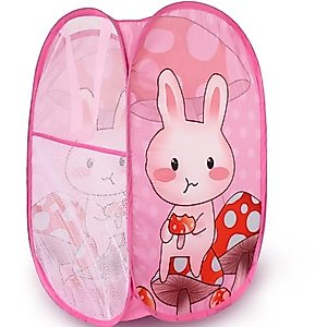 WEI LONG Mesh Popup Hamper-Foldable Lightweight Basket for Washing-Durable Clothing Storage for Kids Room,Students College Dorm,Home,Travel & Camping-Pop-up Clothes Hamper (Pink Rabbit)