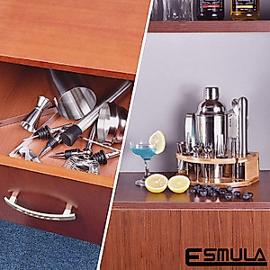 Esmula Bartender Kit with Stylish Bamboo Stand, 12 Piece 25oz Cocktail Shaker Set for Mixed Drink, Professional Stainless Steel Bar Tool Set, Gift for Man Dad- Cocktail Recipes Booklet