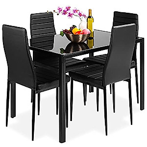 VERYKE Kitchen Dining Table Set for 4,Modern Tempered Glass Rectangular Dining Table & 4 Faux Leather Chairs Furniture Set for Kitchen Breakfast, Dining Room (Black)