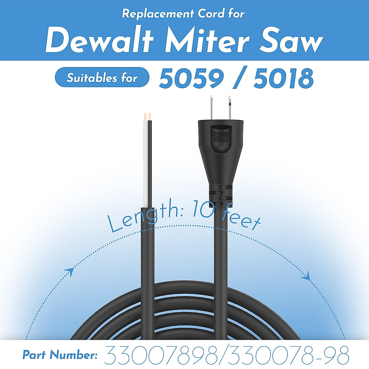 ANTOBLE 33007898 2 Wire 16 Gauge Power Cord Replacement Cord for DEWALT DW704 DW705 DW708 DW718 DW849 DW360 DW384 DWP849X (10 ft)