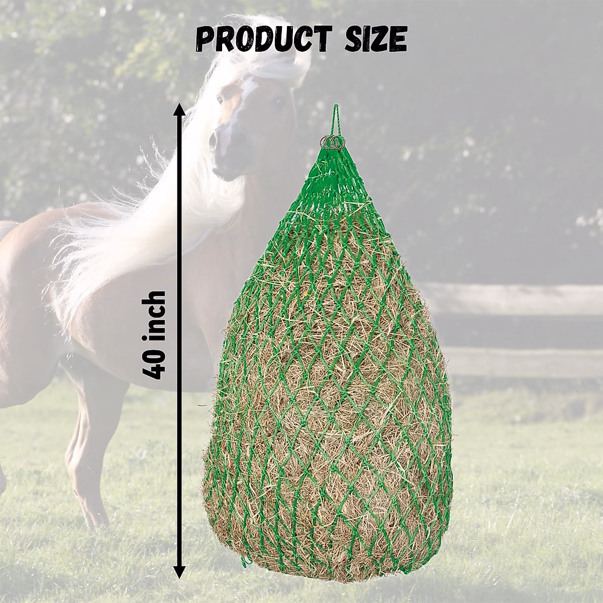 Audoloku Slow Hay Feeder Net with Bottom Ring Hay Bags for Horses Goats 40" Length with 2" Holes Feed Storage Hanging Bag for Stalls Livestock Feeding Supplies
