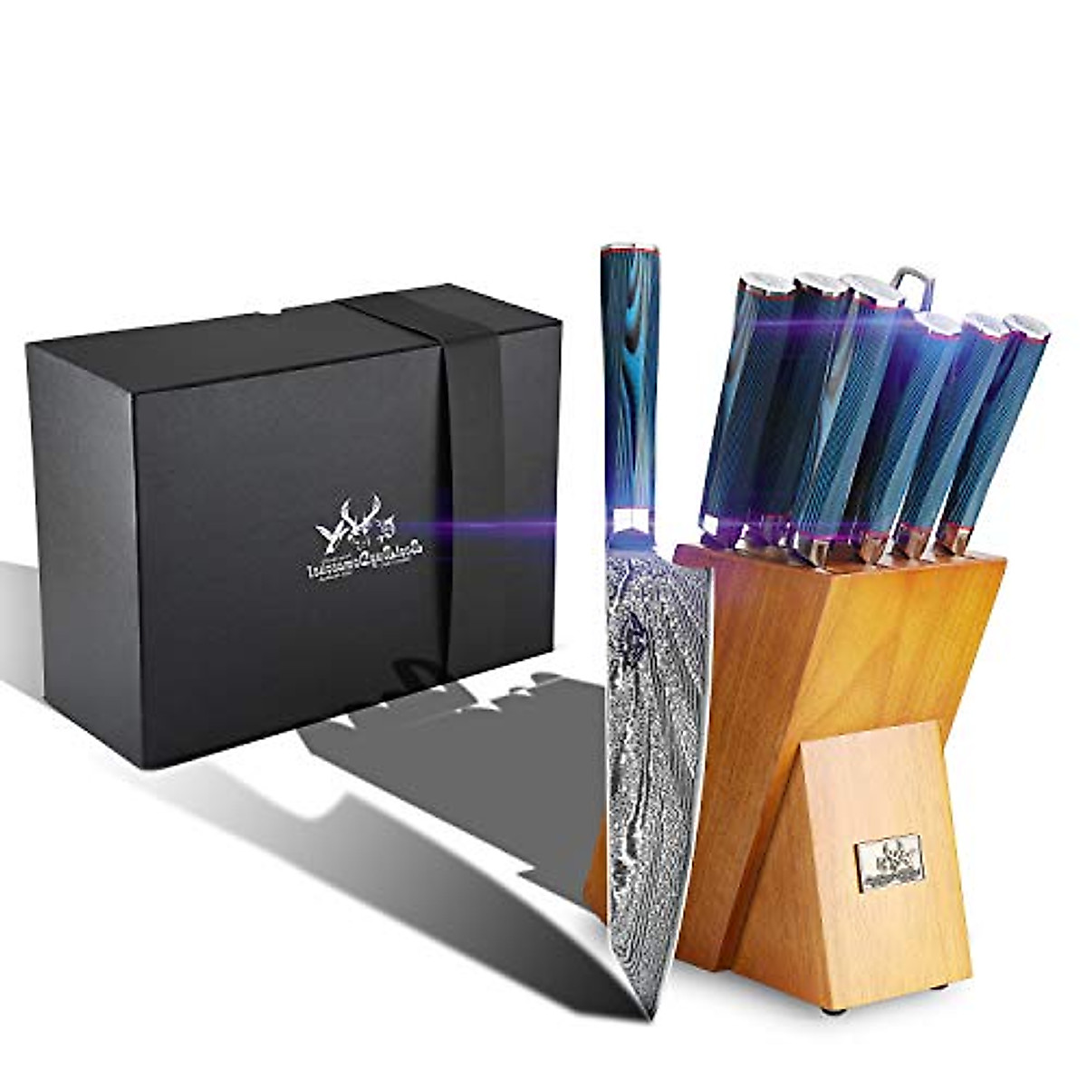 Knife Block Set 9 Pcs Japanese Aus-10 Damascus Steel Chef Knives Set High Carbon Core Stainless Steel Full Tang Chef Knife Set Blue G10 Home Kitchen Professional Knife Block Sets (Blue Round Handel)