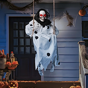 JOYIN 36" Hanging Clown Outdoor Halloween Decorations, Swinging Skeleton Decor with Light Up Eyes Button Battery Operated for Clearance Haunted House Prop Party Supplies