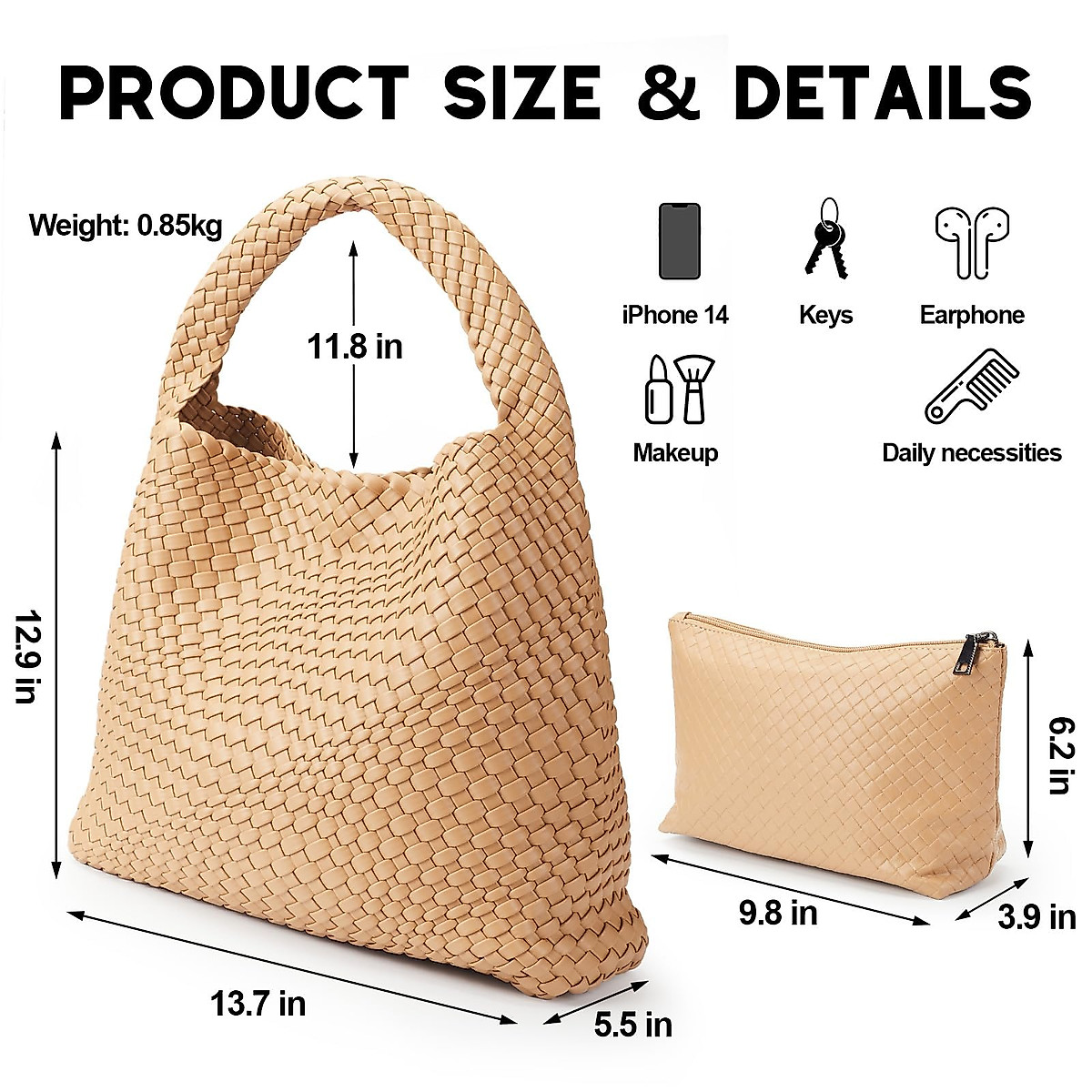 Woven Bag Vegan Leather Hobo handbags for Women, Top-handle Shoulder Tote Braided Bag Underarm Purse (Apricot-A)