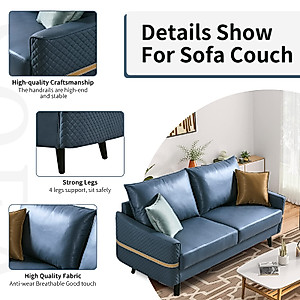 72 inch Small Sofa, Mid-Century 3-Seat Loveseats for Living Room, l Couch Witch 2 Pillows, Faux Leather Dorm Sofa for Apartment, Studio and Small Space, Blue