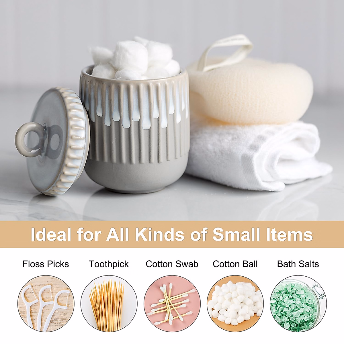 MISSYSSIM Qtip Holder Dispenser Bathroom Canisters Jar with Lid - 14 oz Ceramic Apothecary Canister for Cotton Ball Swabs Round Pads Floss Bath Salts Candy Vanity Makeup Organizer Storage