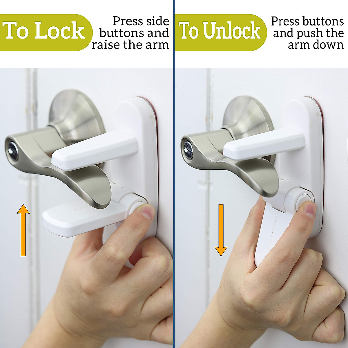 Improved Childproof Door Lever Lock (1 Pack) Prevents Toddlers from Opening Doors. Easy One Hand Operation for Adults. Durable ABS with 3M Adhesive Backing. Simple Install (White, 1-Pack)
