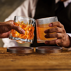 12 Pieces Whiskey Glasses Set Rotatable Old Fashioned Glasses with Creative Walnut Coasters, Whiskey Gifts for Men Husband Father's Day, Bourbon Glass Cups for Drinking Cocktails, Cognac