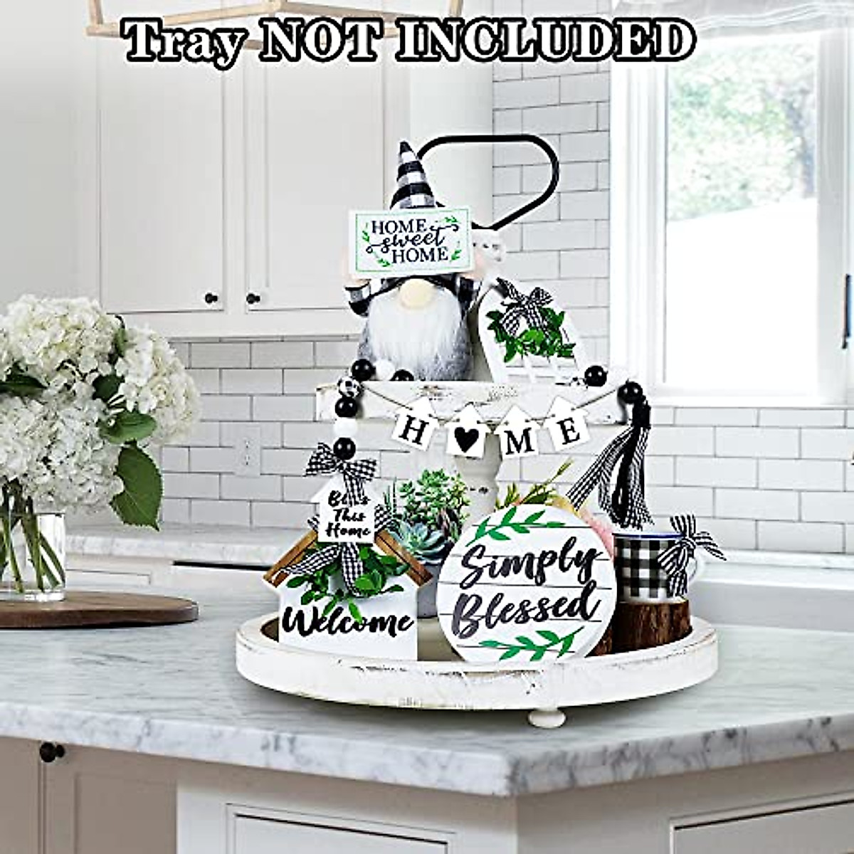 10 PCS Rustic Farmhouse Home Tiered Tray Decor, Farmhouse Wooden Table Signs Black White Buffalo Plaid Kitchen Decoration Set, Lighted Gnome Plush Home Sweet Home Decor Signs Housewarming Gifts