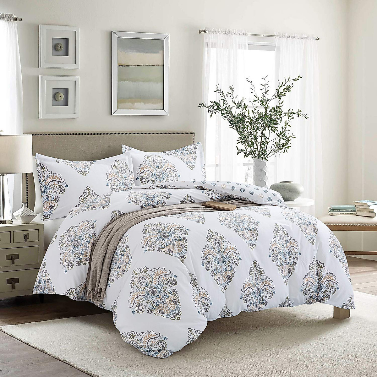 JUCFHY King Size Hotel Collections Super Soft Egyptian Cotton 3 Piece Modern Bedding Medallion Damask Duvet Cover Set-1000-Thread-Count Bedding Set 1 Duvet Cover and 2 Pillow Shams