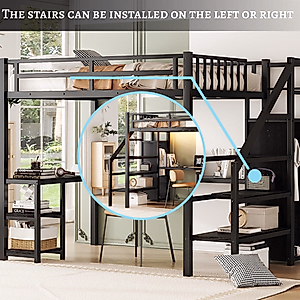 Full Size Loft Bed with Desk and Storage Stairs,Metal Full Loft Bed Frame with Wardrobe and Shelf, High Loft Bed with LED Light and USB Charging Station for Kids, Teens, Adults, Black