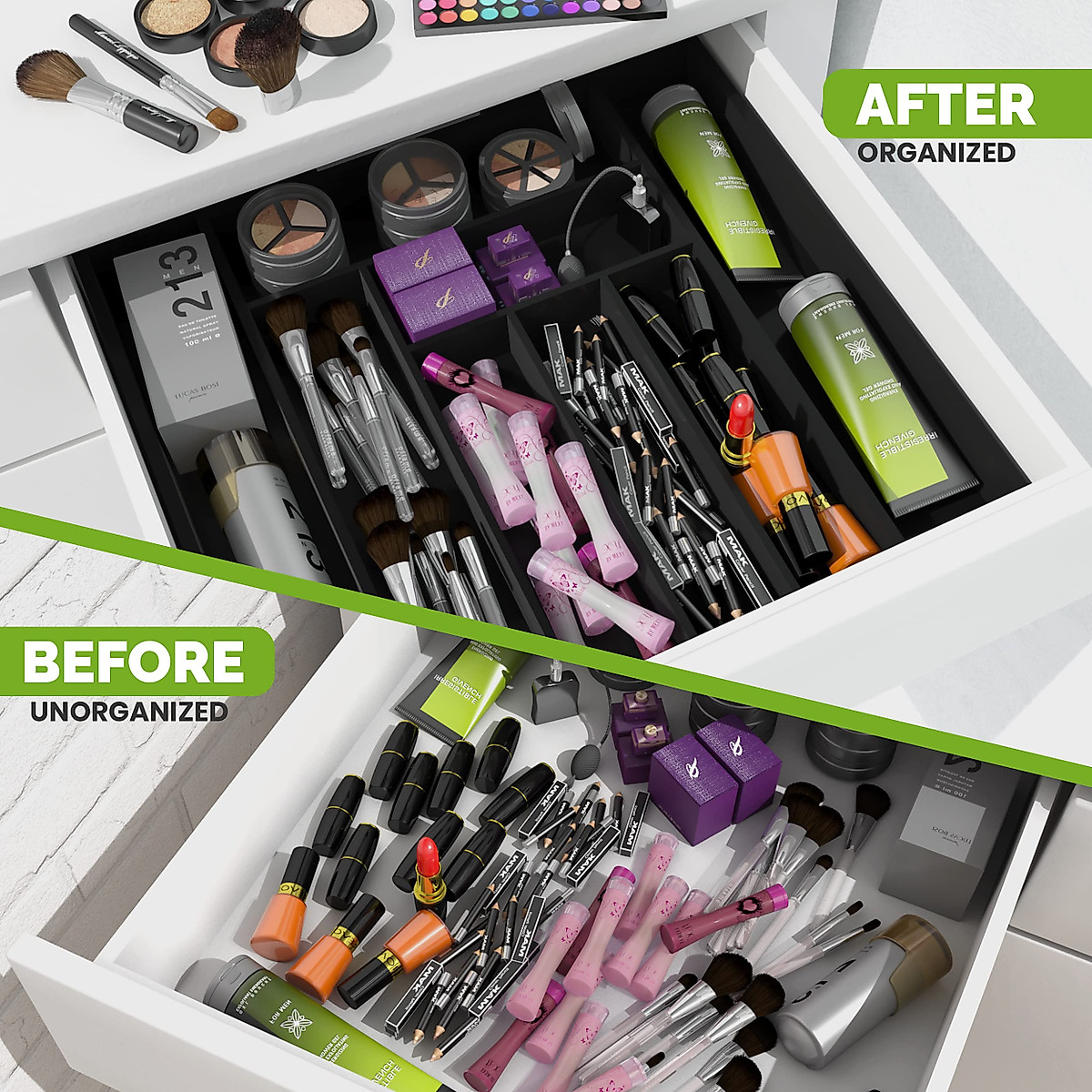 Expandable Bamboo Organizer 8 Compartment 2 Piece Set - Bamboo Drawer Dividers Organizer - Adjustable Drawer Holder for Kitchen, Silverware, Flatware, Living Room and Utensils (Black and Natural)