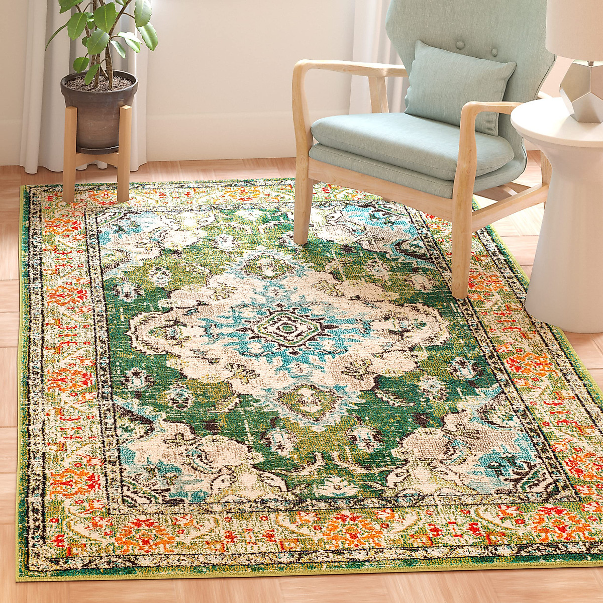 SAFAVIEH Monaco Collection Area Rug - 10' x 14', Forest Green & Light Blue, Medallion Distressed Design, Non-Shedding & Easy Care, Ideal for High Traffic Areas in Living Room, Bedroom (MNC243F)