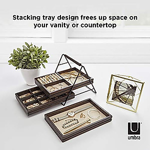 Umbra Terrace Tier Jewelry Three Sliding Linen Lined Wood Trays with Metal Frame and Handle, Easy Storage and Access, Walnut, 3 Each