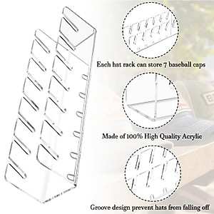Waipfaru 2 Pcs Hat Stand for Baseball Caps, Acrylic Hat Organizer Display Holder, No Install Hat Rack Shelf for 14 Baseball Caps for Bedroom, Closet, Dresser(Clear)
