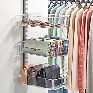 mDesign Plastic Wall Mount Bins with Metal Hanging Bar - Repositionable Bins - for Closet Storage and Organization - Holds Belts, Leggings, Shoes, Purses, Scarfs - Set of 3 - Clear