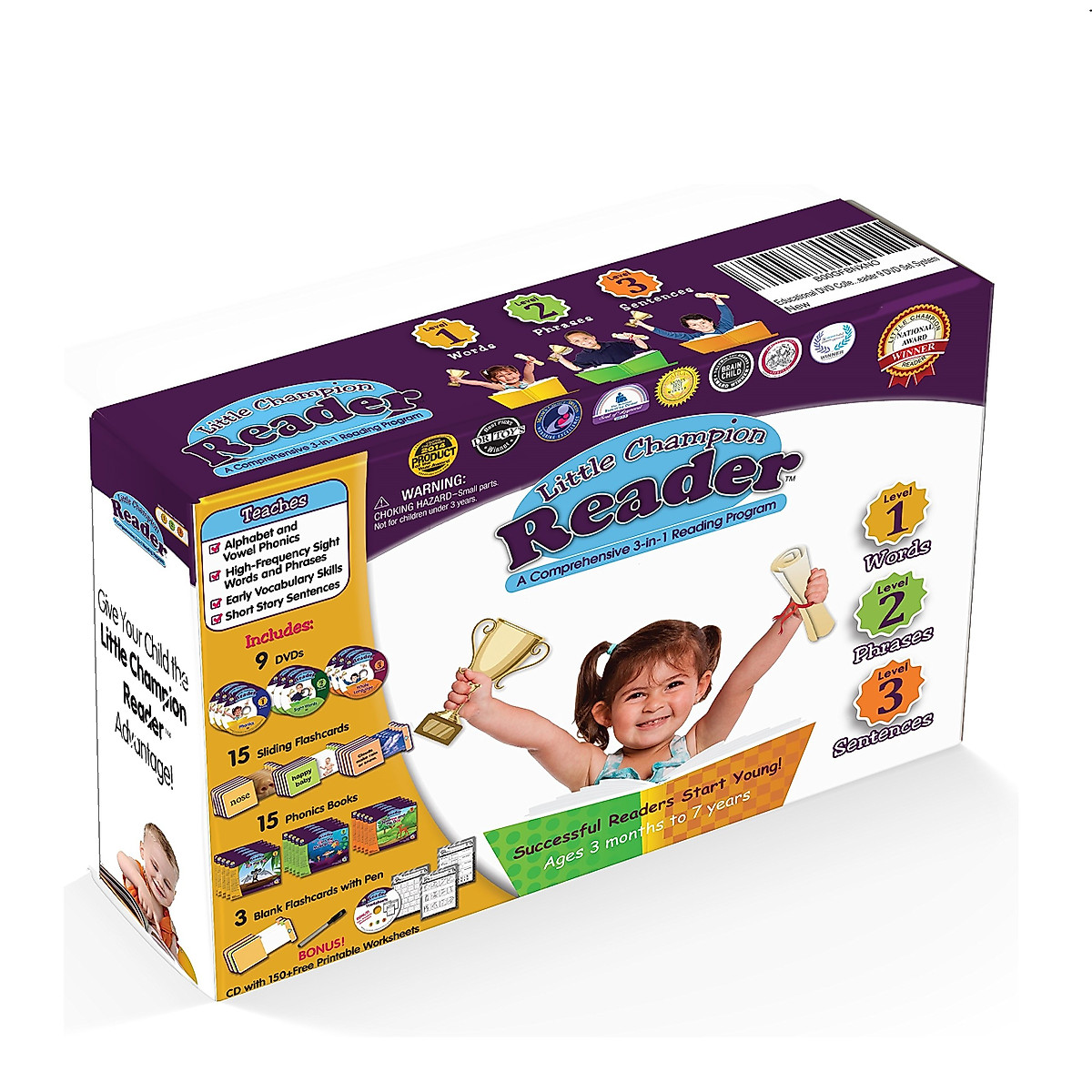 Early Reading Program for Baby, Toddler, Preschool, Kindergarten- Alphabet, Vowel Phonics & 200+ Sight Words - Little Champion Reader 9 DVD, Flash Card, Book Kit