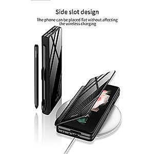 SHIEID Samsung Z Fold 3 Case Leather Cover, Galaxy Fold 3 Case with S Pen Holder Protector Cover 9H Tempered Glass Phone Case Compatible with Samsung Galaxy Z Fold 3 5G 2021, Limited Gray