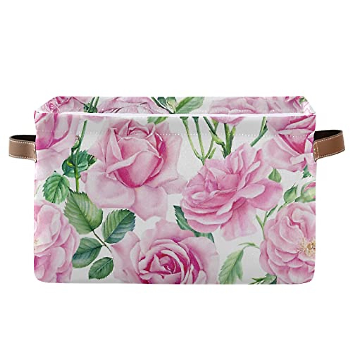 SUABO Floral Pink Roses Buds on White Toy Basket,Collapsible Storage Bin Basket with Handles¡ê?Laundry Baskets,Shelf Basket Nursery Storage for Bedroom Playroom,Set 2