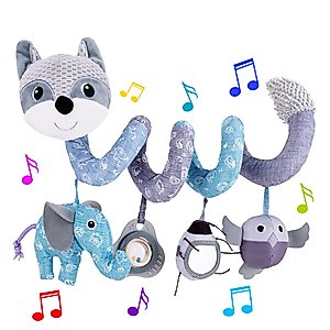 HILENBO Car Seat Toys, Infant Baby Spiral Activity Hanging Toys for Car Seat Stroller Crib Bassinet Mobile with Music Box BB Squeaker Rattles-Gray Fox