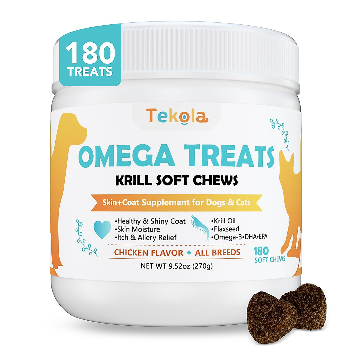 180 Chews Omega 3 for Dogs & Cats - with Krill - Skin and Coat Supplement - Dry & Itchy Skin Relief - Allergy Relief - Shiny Coats - No Shedding - EPA & DHA, Vitamins and Minerals - Chicken Flavor