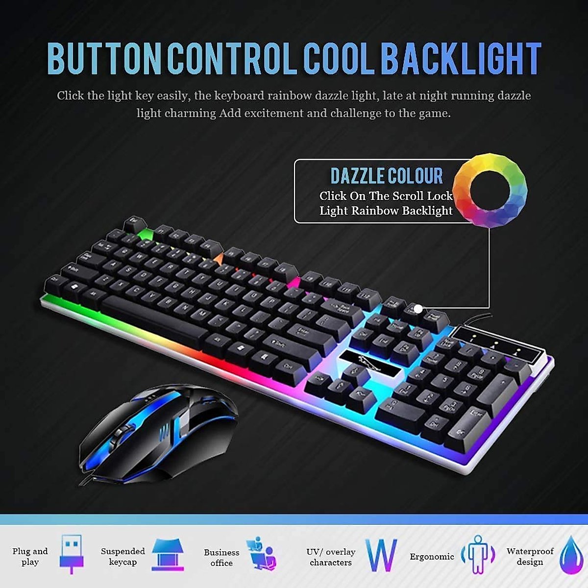 Rainbow Gaming Keyboard Mouse Combo Wired, Backlit Mechanical Keyboard LED 104 Keys USB Mechanical Gaming Keyboard for Computer PC Gamer (Black)