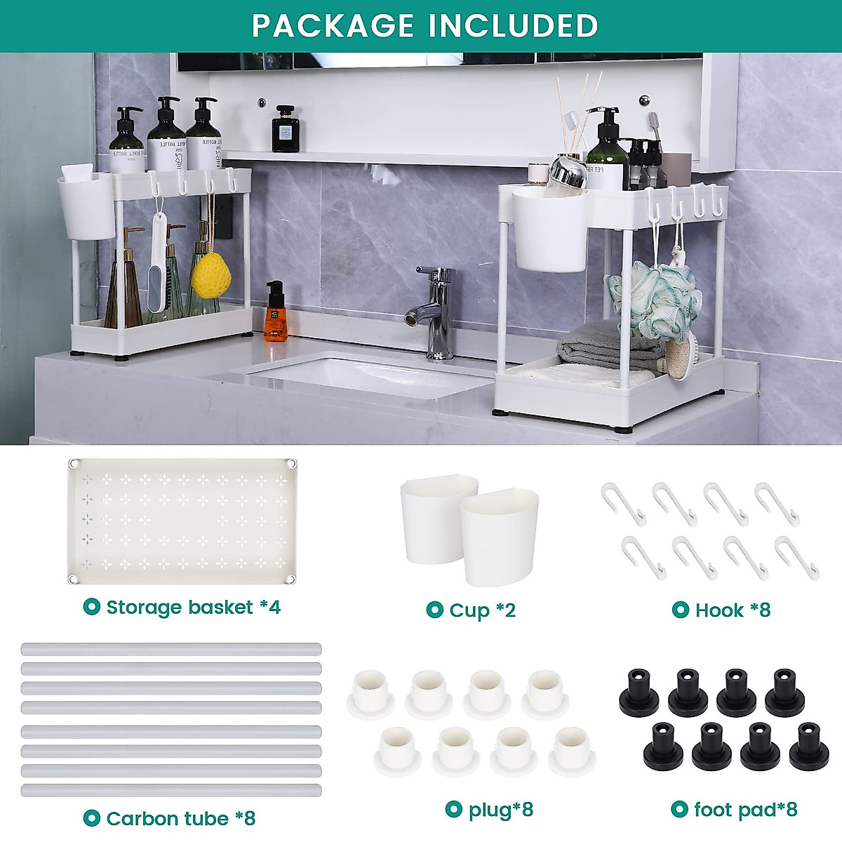 Qucover Under Sink Organizer 2 Pack White, Different Width 2 Tier Bathroom Cabinet Organizers and Storage, Waterproof Rust-proof ABS Plastic Kitchen Sink Organizer with Hanging Cups and Hooks