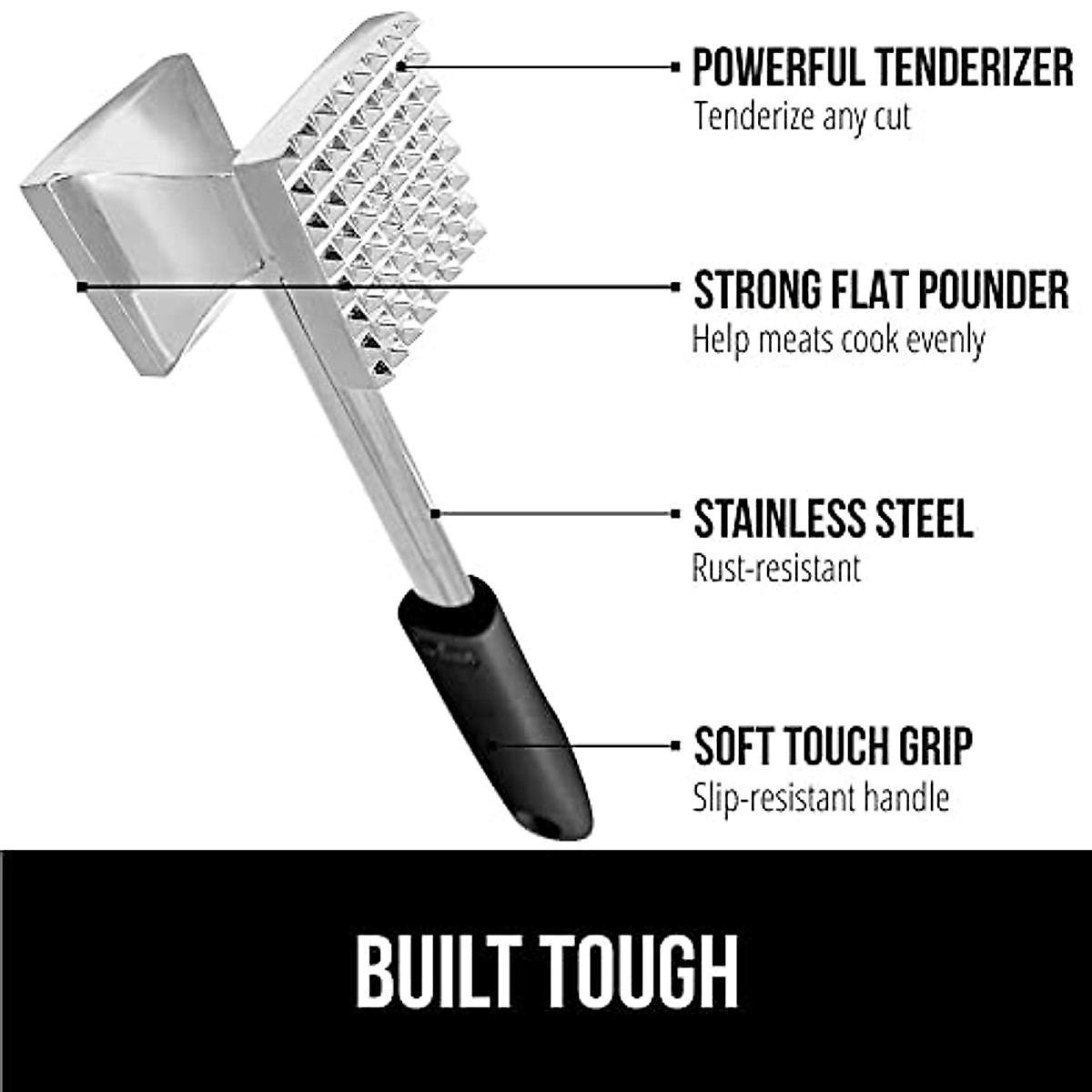 Gorilla Grip Heavy Duty Meat Tenderizer, Oversized Kitchen Mallet, Soft Grip Handle, Tool Maximizes Food Flavor, Spiked Side Tenderizes, Flat Smooth Flattens Steak, Pound Beef, Commercial Grade, Black