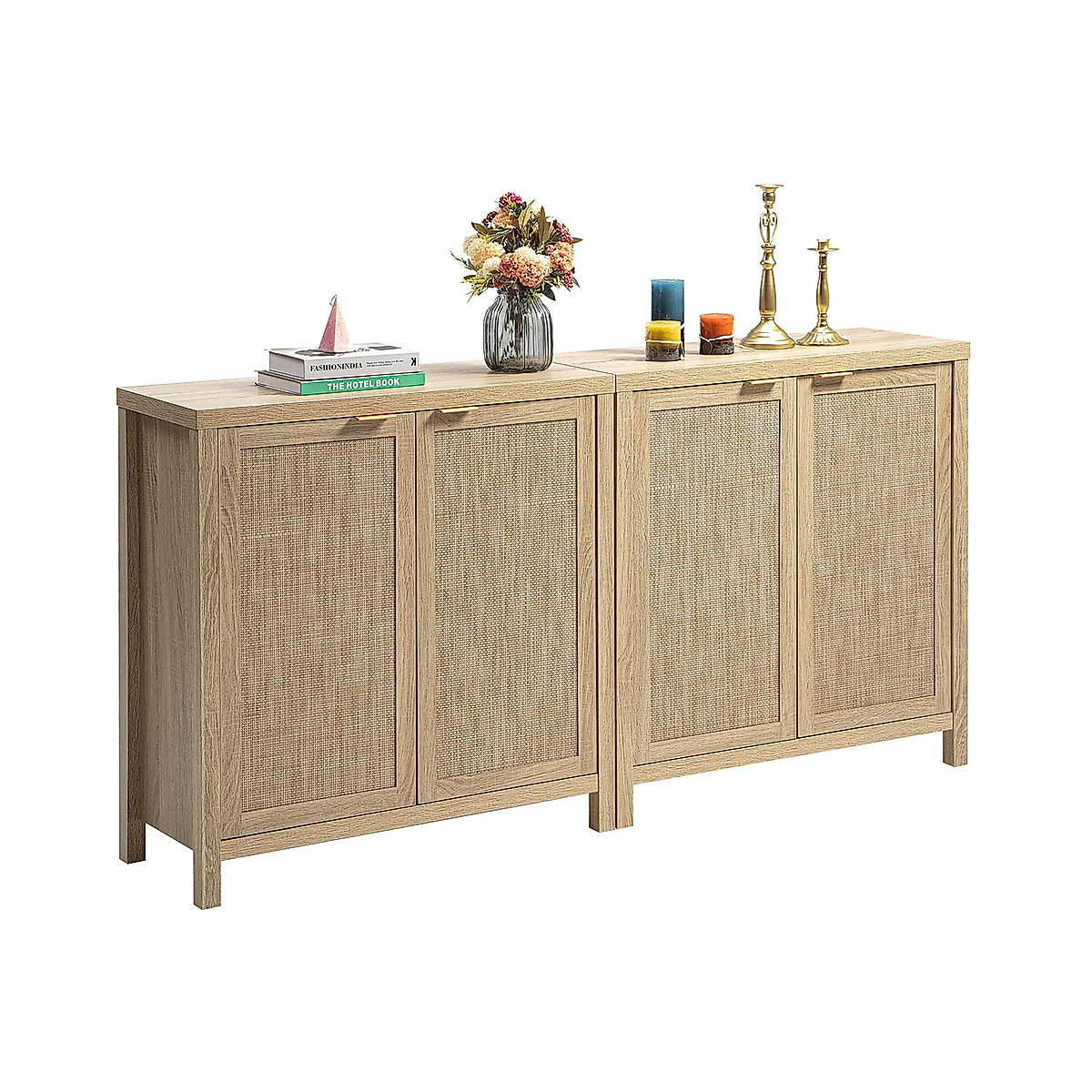 SICOTAS Credenza Sideboard Buffet Rattan Cabinet - Boho Large Kitchen Storage Cabinet with Rattan Storage - Wood Cabinet Buffet Console Table for Dining Room Hallway - 2 Pieces (Natural)
