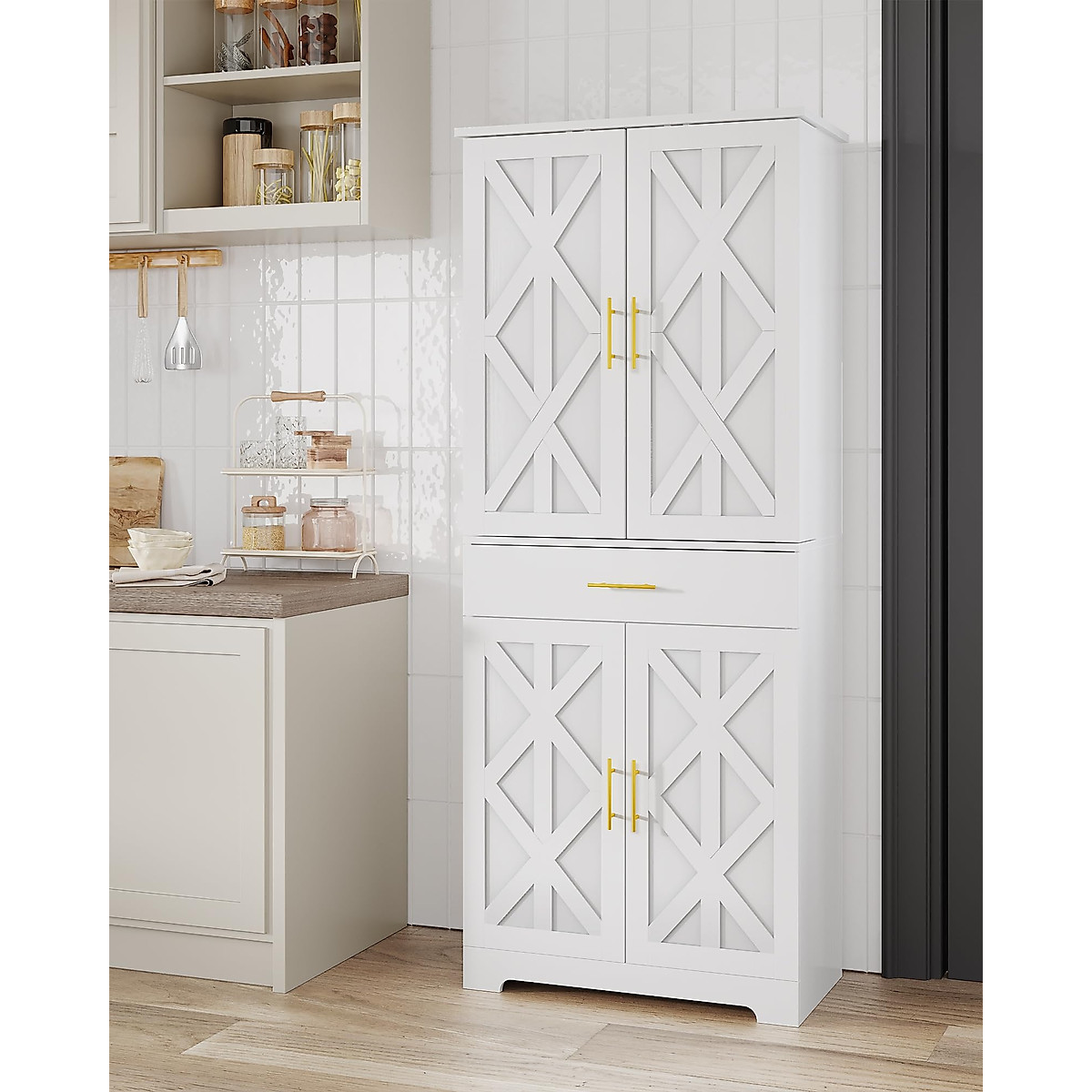 Hzuaneri 72" Kitchen Pantry Storage Cabinet, Tall Pantry Cabinet with Barn Doors & 7 Adjustable Shelves, Drawer, Freestanding Buffet Cupboards Sideboard for Kitchen, Dining Room, White PT02403X