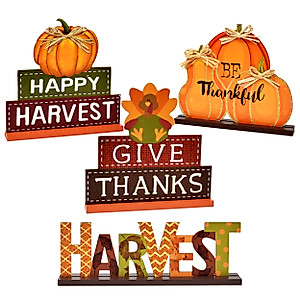 Gift Boutique Thanksgiving Centerpiece Fall Decorations Set of 4 Autumn Pumpkin Centerpiece Happy Harvest Give Thanks Be Thankful for Home Kitchen Desk Shelf Fireplace Mantel Table Decoration