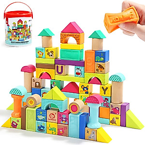 TOP BRIGHT Wooden Building Blocks Toddlers 1-3,Baby Blocks 12-18 Months,Toy Blocks for 1 2 3 Year Old 80 Piece