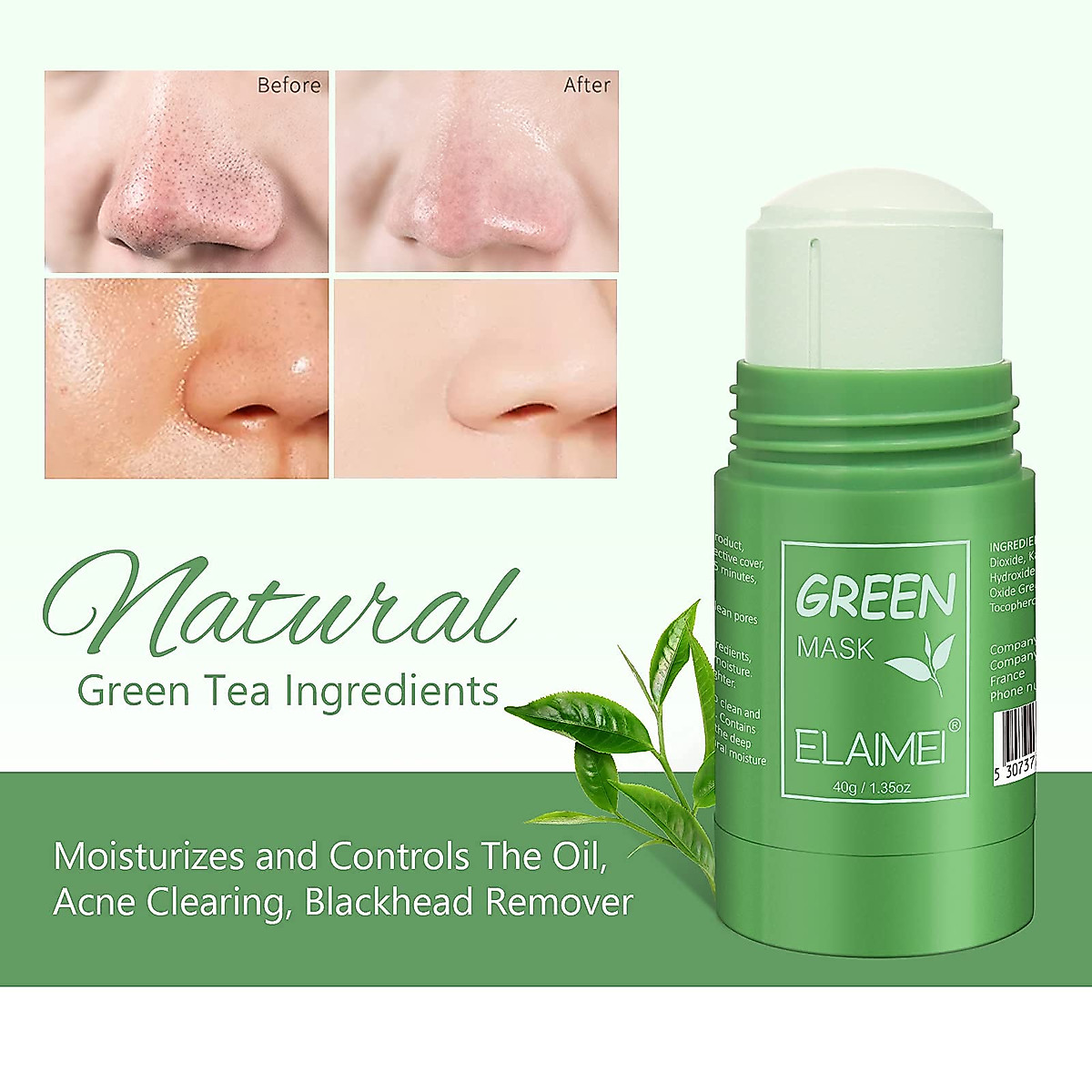 moulis Green Tea Mask Purifying Clay Stick, 2 Pack Stick Blackhead Remover, Face Moisturizing, Oil Control, Deep Pore Cleaning for All Kind Skin Type Women Men 1.25 Ounce (Pack of 2)