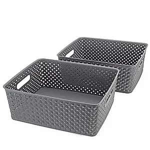 BROOKSTONE, 2 Pack Large Storage Baskets with Handles, Decorative Woven Pattern, Versatile and Stylish Organizers for Home, BPA Free Plastic Bins