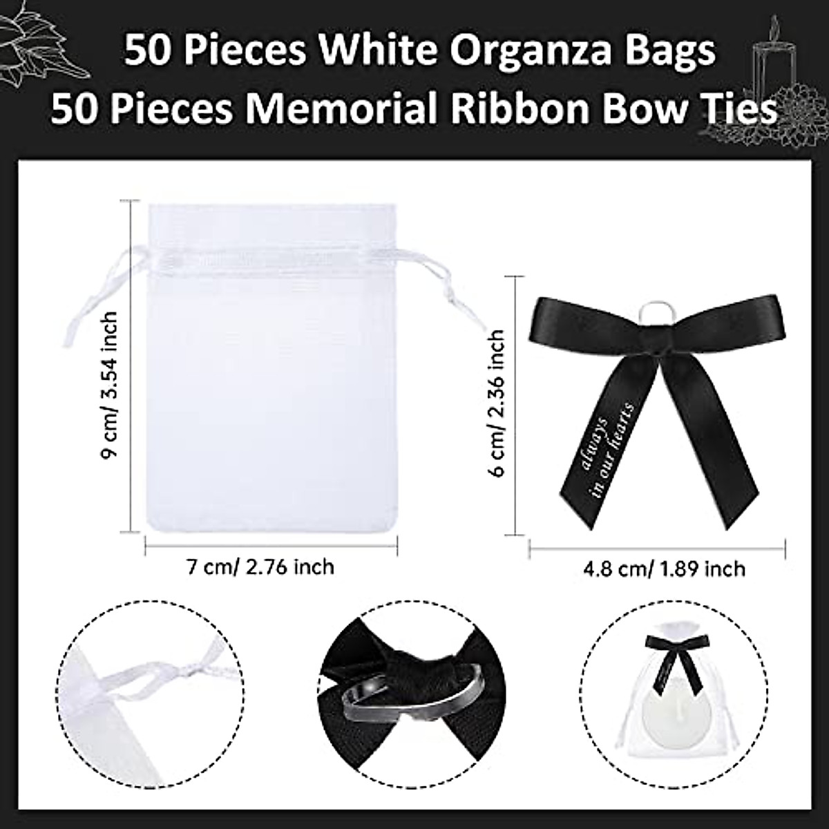 50 Set Funeral Favors Memorial Tealight Candles Unscented Candles Memorial Candles with Bowknots Funeral Ribbons and Organza Bags for Guest Condolence Bereavement Funeral Decor, Black and White