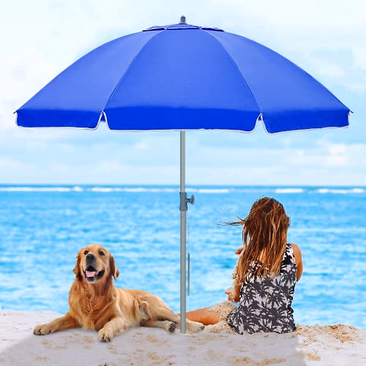 wikiwiki 7FT Beach Umbrella for Sand, Portable Sunshade Umbrella with Sand Anchor, Carry Bag, Push Button Tilt, Air Vents, SPF60+ Protection Sun Shelter for Sand and Outdoor Activities (Blue)