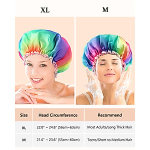 mikimini Shower Cap for Women Long Hair, 2 Pack,Double Layer Waterproof, X-Large, Reusable, Washable, No Smell, Rainbow Fashion Shower Cap