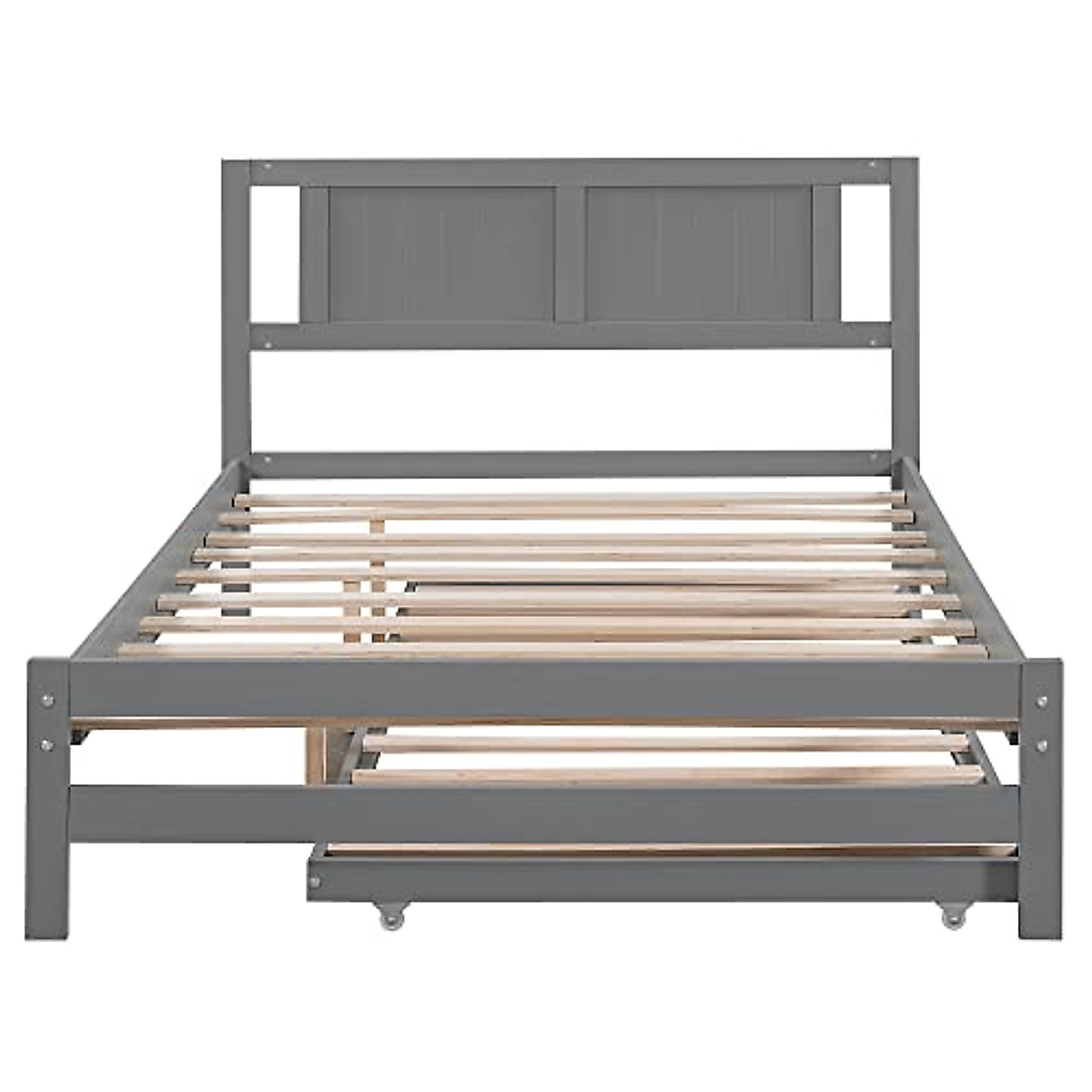 Goohome Full Size Platform Bed with Adjustable Trundle, Wooden Full Bed Frame with Headboard, Sturdy Slat Support, No Box Spring Needed