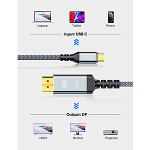 Capshi 8K USB C to DisplayPort 1.4 Cable 6FT, 4K@144Hz Thunderbolt 4/3 to Display Port (DP) Cord for iPhone 15, MacBook Pro/Air 2023, iPad, Galaxy, Surface, XPS, 32.4Gbps (Grey)