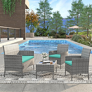 VONZOY Patio Furniture Set 4 Pieces Small, Belcony Furniture Outdoor Wicker Patio Conversation Set for Backyard,Porch, Deck,Garden,Poolside and Balcony (Turquoise)