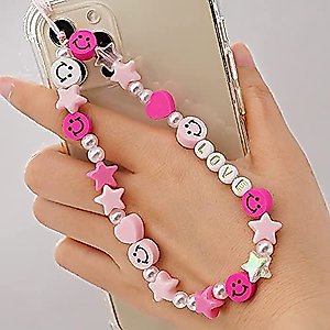 Beaded Phone Lanyard Wrist Strap Smiley Face Beaded Handmade Colorful Polymer Clay Acrylic Beads Pearl Phone Charm Strap for Women Grils