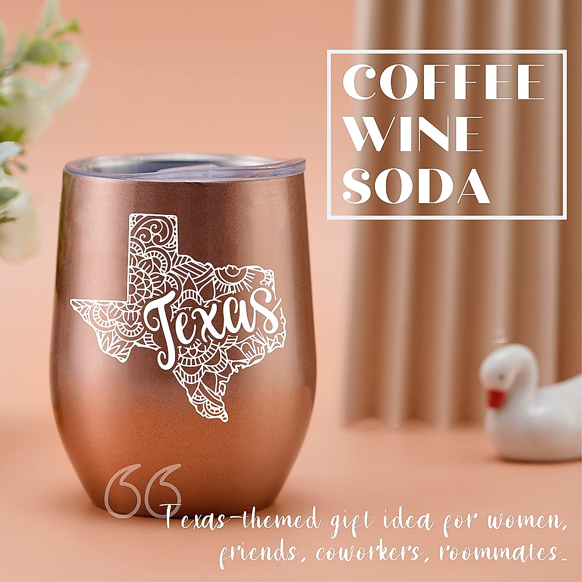 Onebttl Us States Themed Travel Homesick Gift, Souvenirs for Women, 12oz Stainless Steel Wine Tumbler with Lid, Perfect for Christmas, Moving Gift - Texas Rosegold