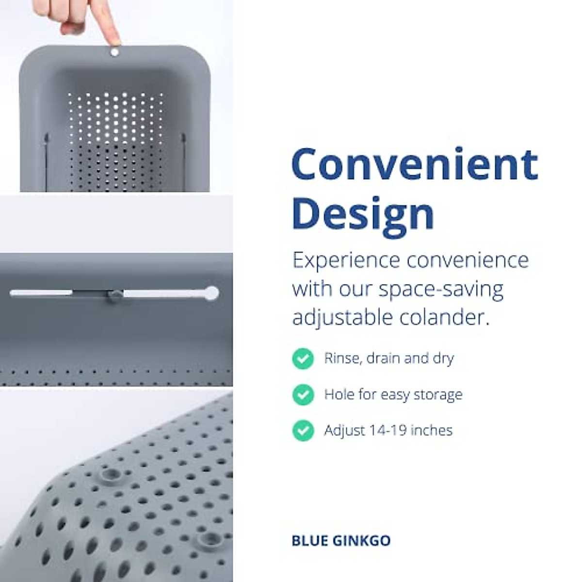 BLUE GINKGO Over the Sink Colander Strainer Basket - Wash Vegetables and Fruits, Drain Cooked Pasta and Dry Dishes - Extendable - New Home Kitchen Essentials (7.9 W x 14.5-19.5 L x 2.75 H) - Gray