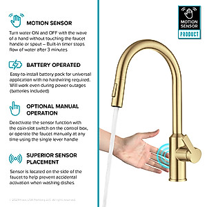 KRAUS Oletto Touchless Sensor Pull-Down Single Handle Kitchen Faucet in Brushed Brass, KSF-2830BB